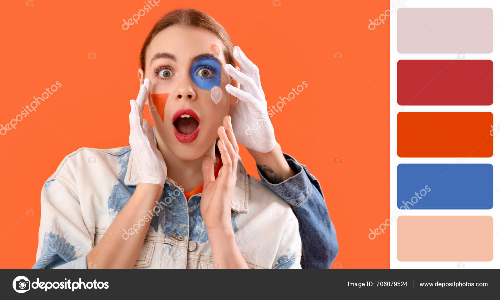 Surprised Young Woman Painted Face Orange Background Different Color ...