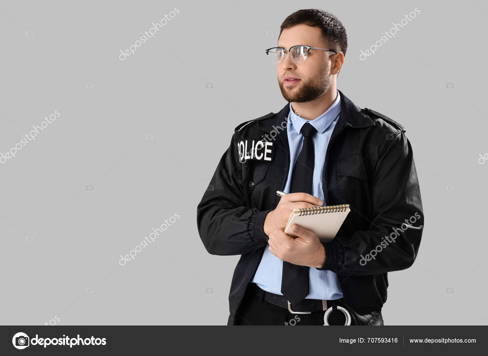 Male Police Officer Notebook Grey Background — Stock Photo © serezniy ...