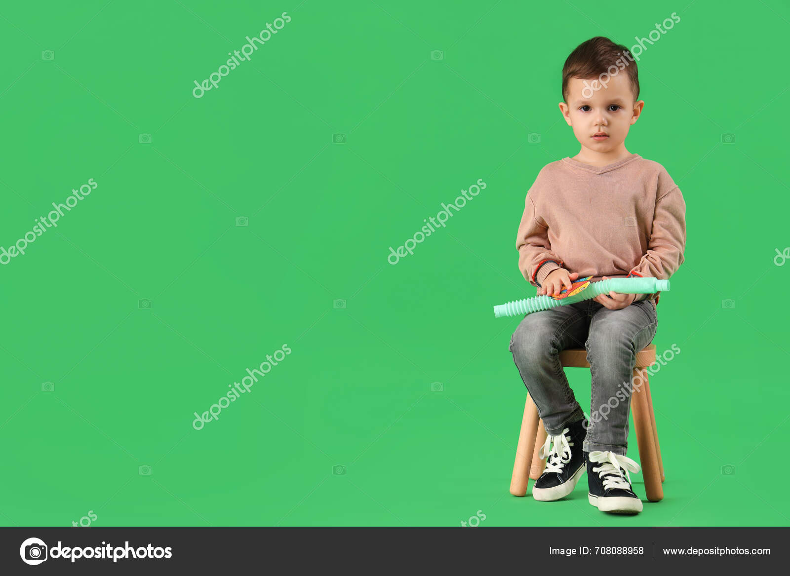 Little Boy Autistic Disorder Pop Tube Sitting Green Background — Stock ...