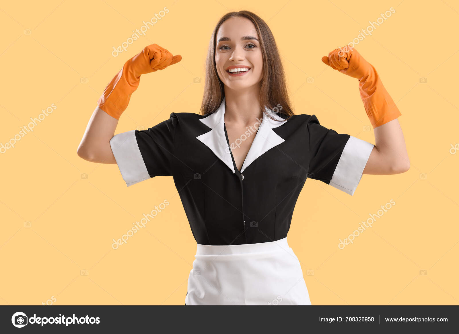 Portrait Female Janitor Rubber Gloves Showing Muscles Yellow Background ...