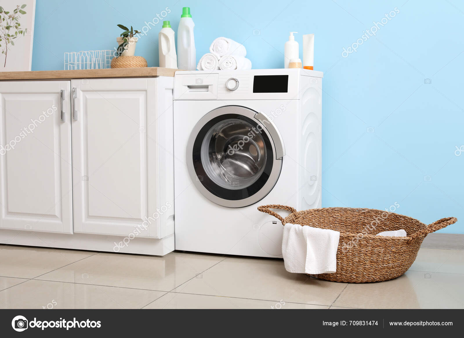 Modern Washing Machine Basket Cabinet Blue Wall Interior Home Laundry ...