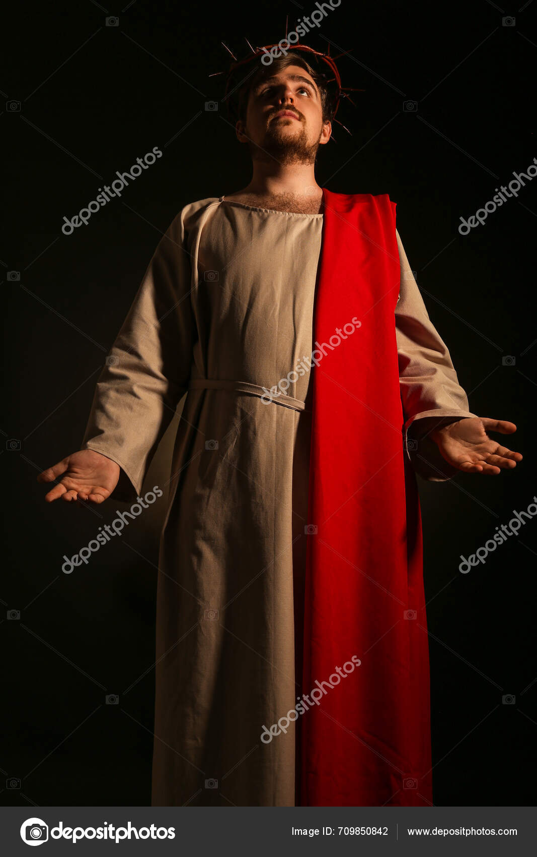 Man Jesus Robe Crown Thorns Outstretching Hands Light Black Background ...