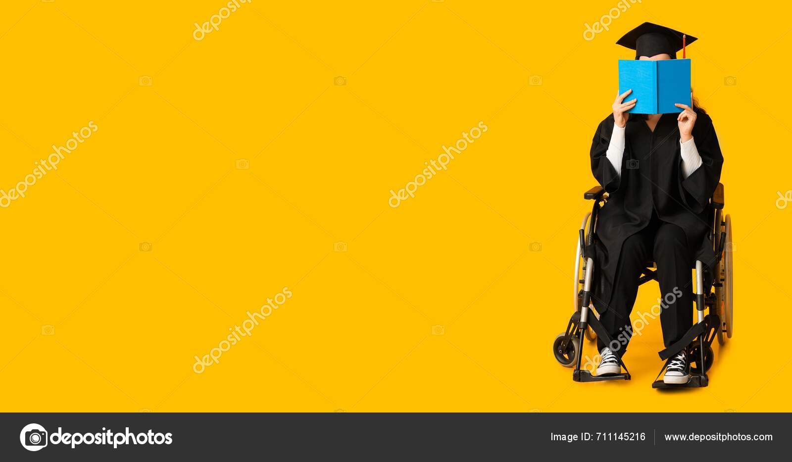 Female Graduating Student Wheelchair Reading Book Yellow Background ...