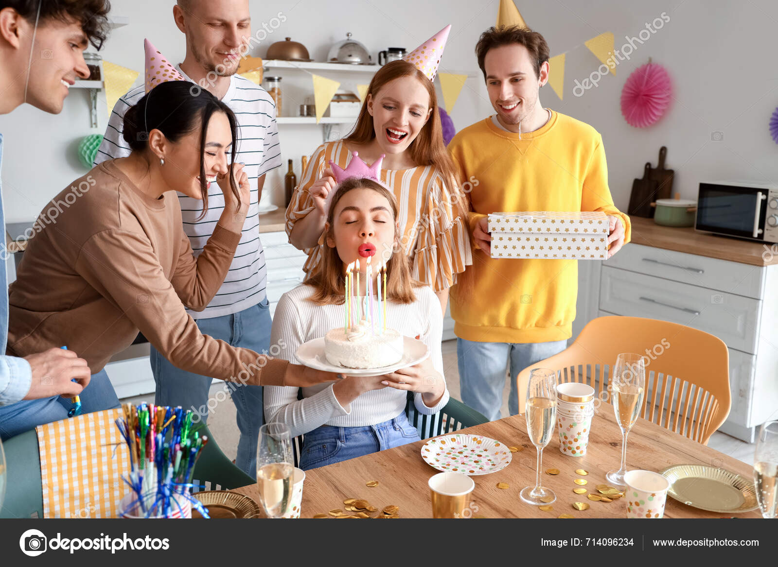 Young Woman Making Wish Birthday Party Her Friends — Stock Photo ...