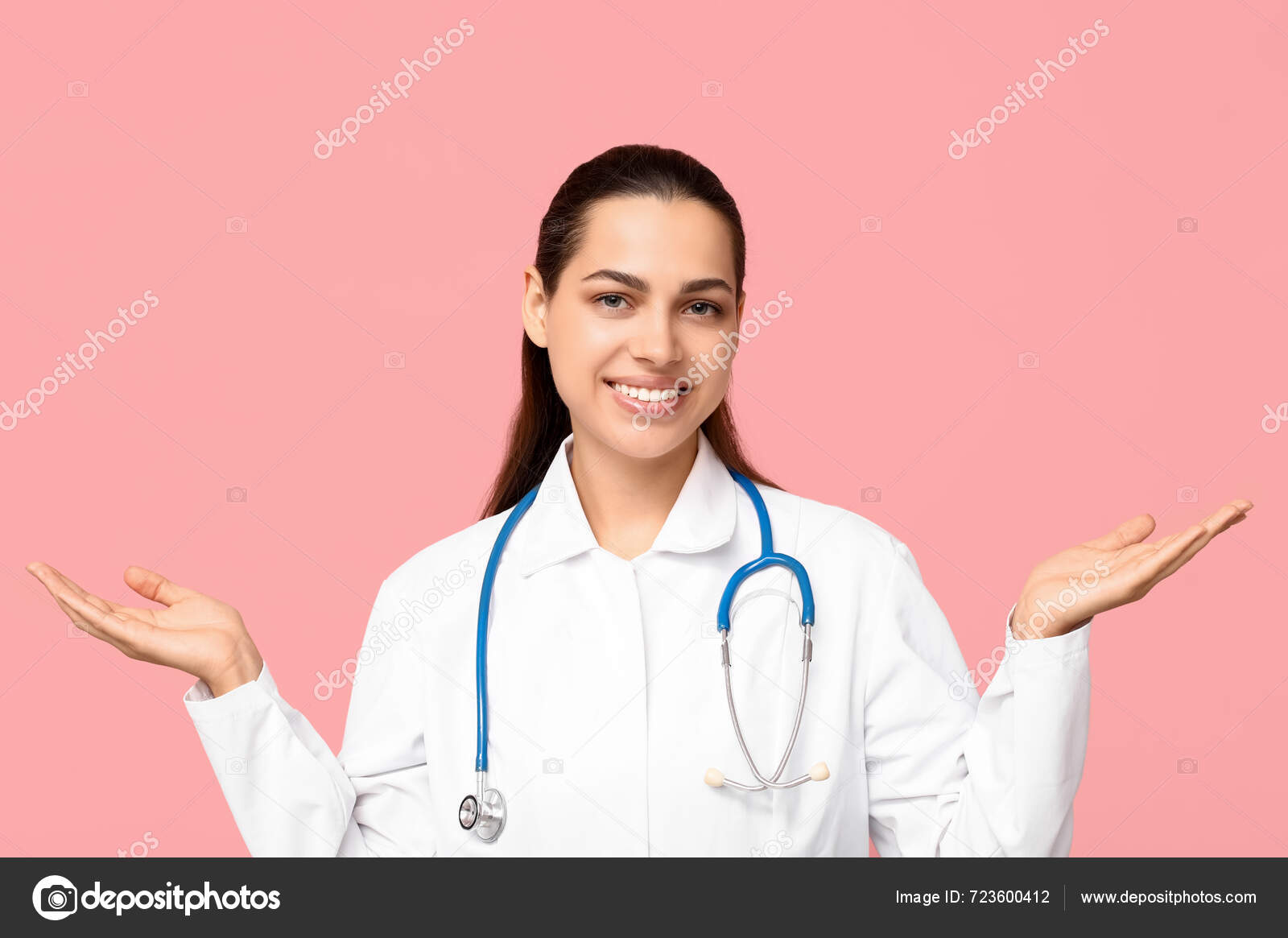 Portrait Female Doctor Shrugging Pink Background — Stock Photo ...