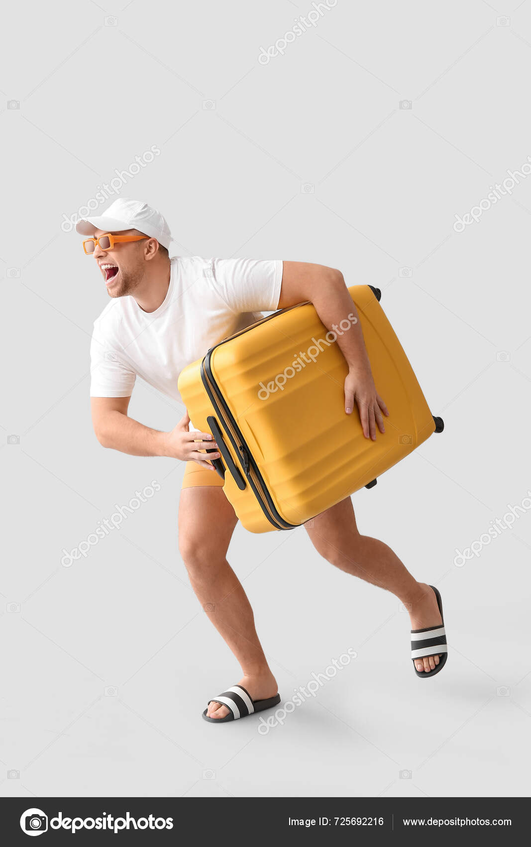 Handsome Young Happy Male Tourist Suitcase Running Grey Background ... Handsome Young Happy Male Tourist Suitcase Running Grey Background ...
