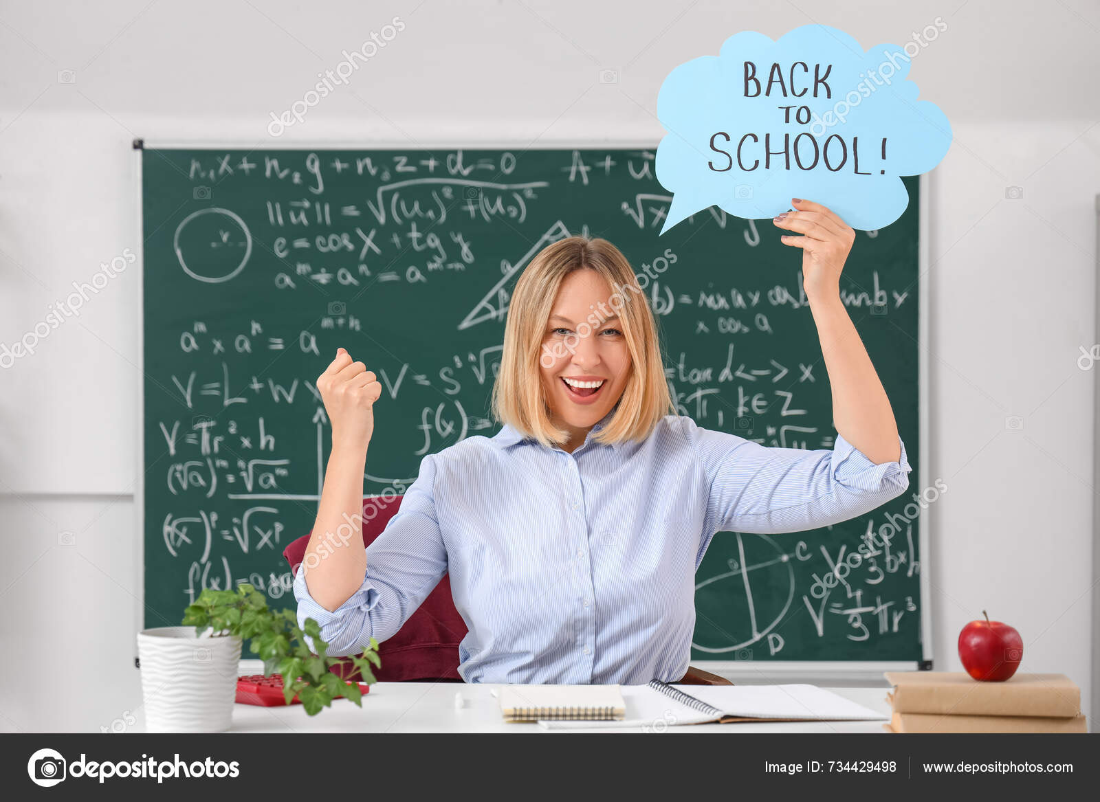 Happy Mature Female Math Teacher Holding Paper Sheet Text Back — Stock ...