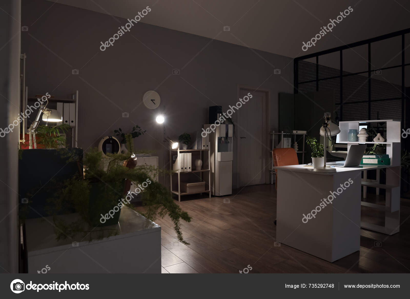 Interior Dark Office Desks Shelf Units Glowing Lamps — Stock Photo ...