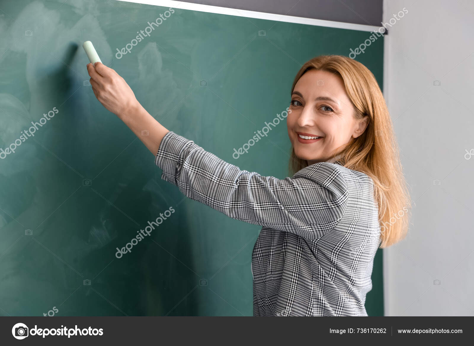 Mature Teacher Writing Chalkboard Lesson Classroom — Stock Photo ...