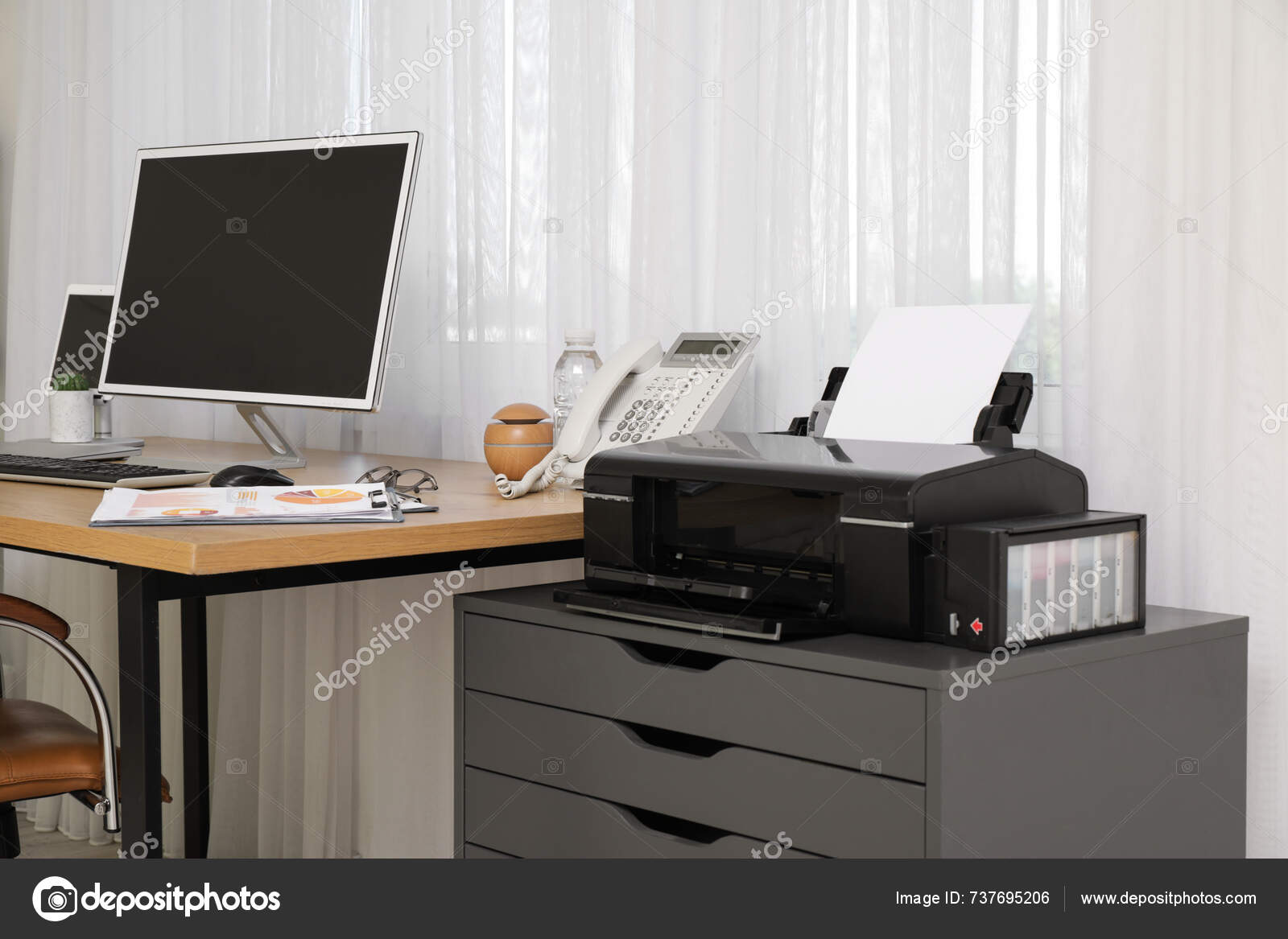 Modern Printer Chest Drawers Workplace Stylish Office — Stock Photo ...