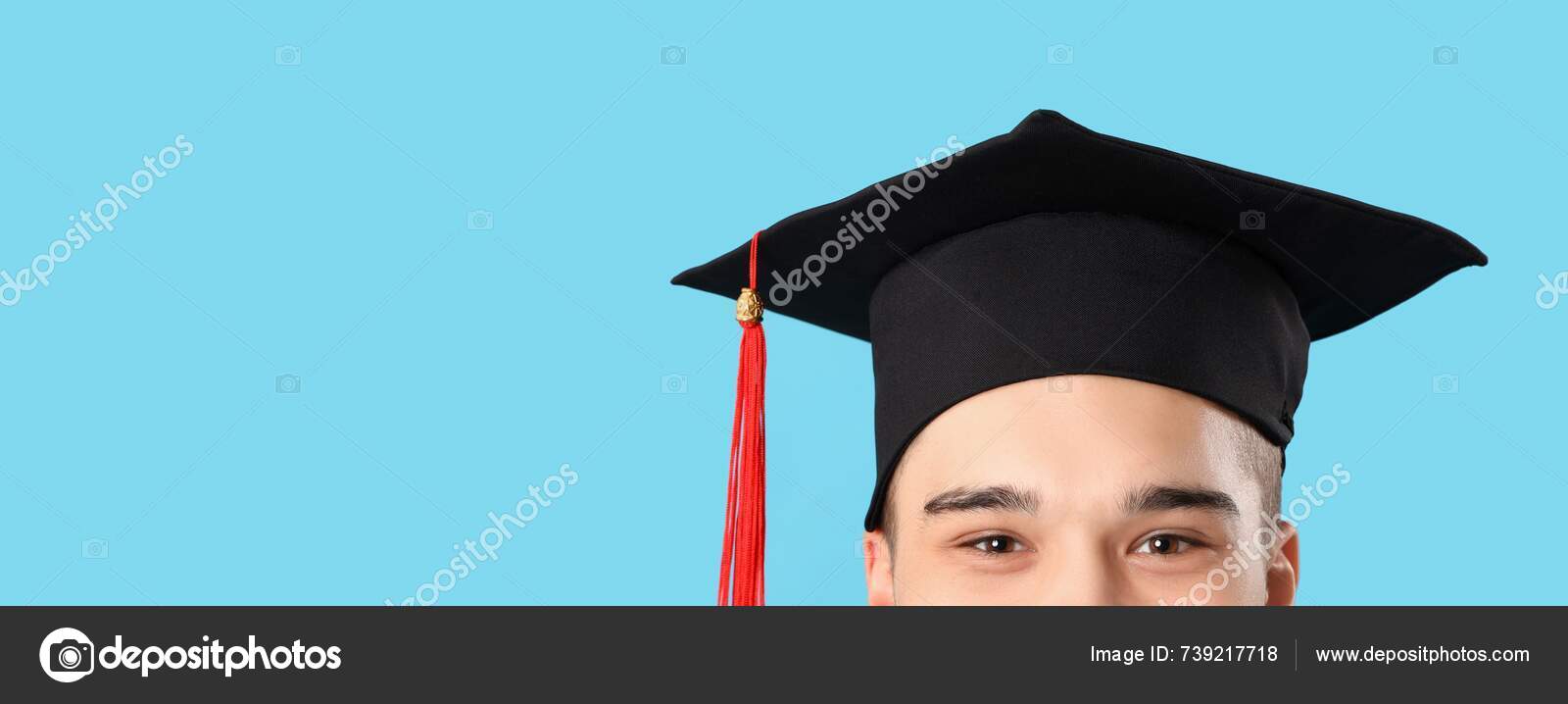 Happy Male Graduating Student Light Blue Background Space Text Closeup ...