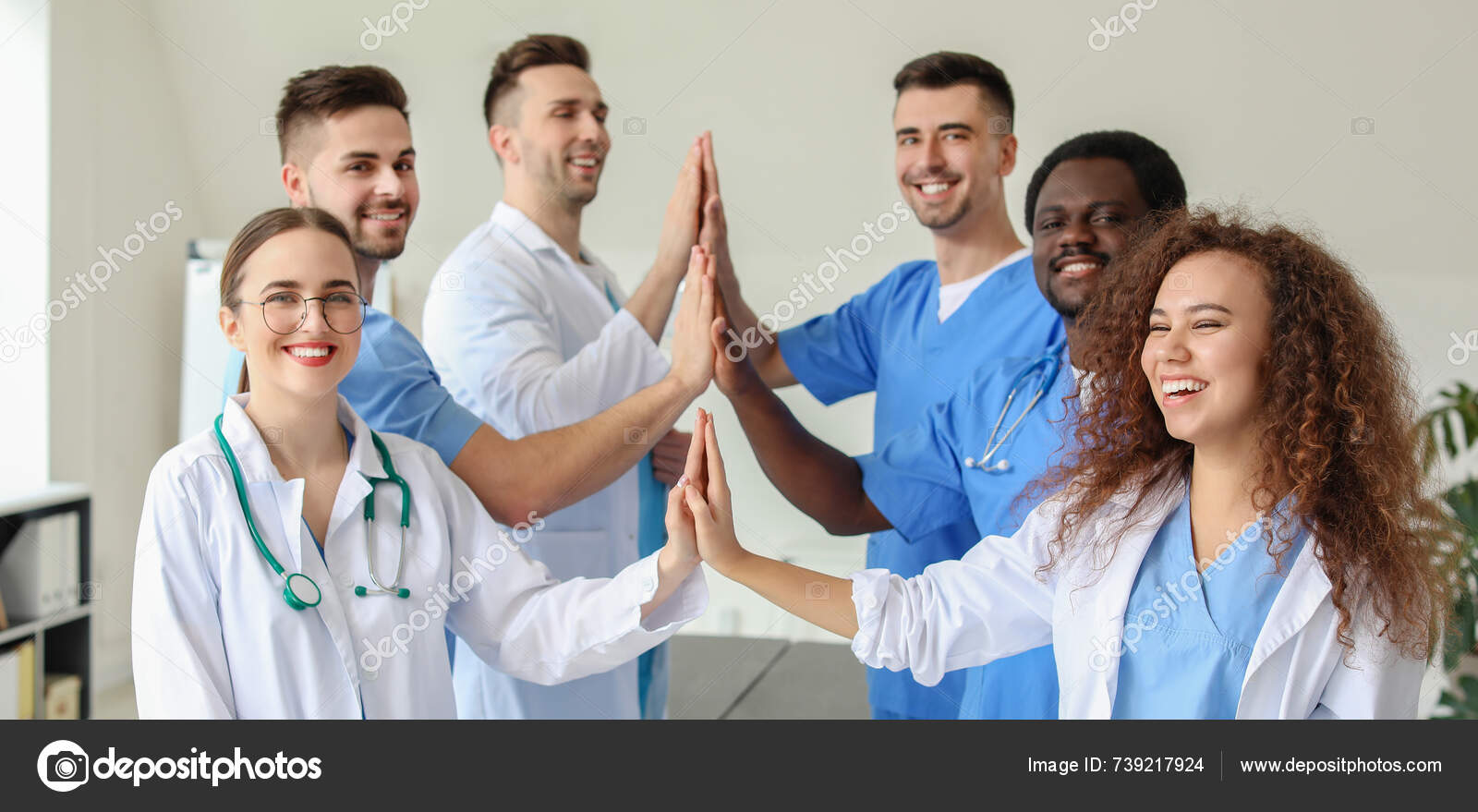 Team Doctors Putting Hands Together Clinic Unity Concept — Stock Photo ...
