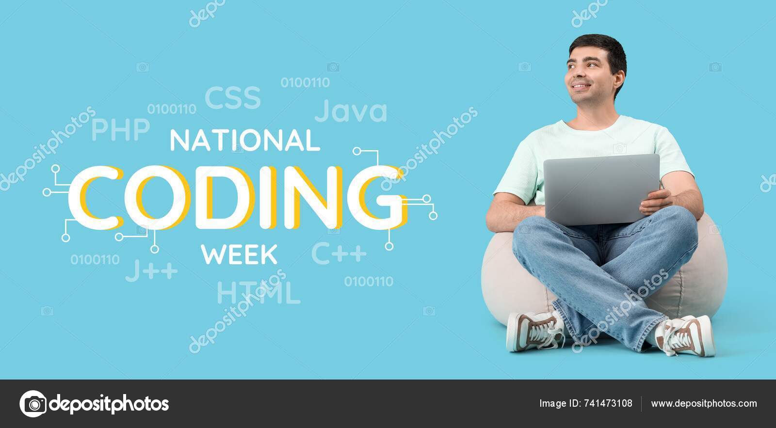 Male Programmer Laptop Blue Background Banner National Coding Week ...