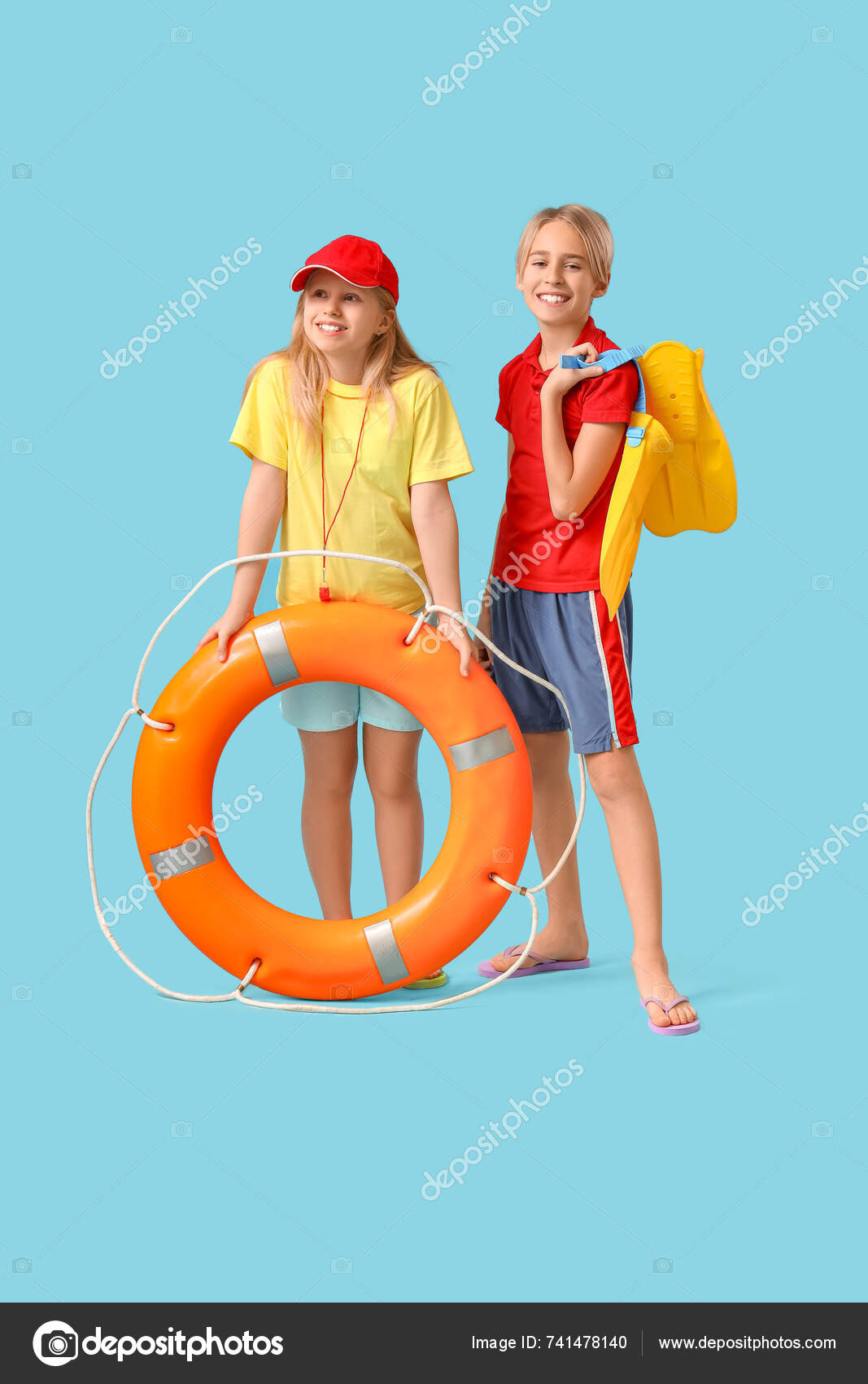 Happy Little Children Lifeguards Ring Buoy Flippers Blue Background ...