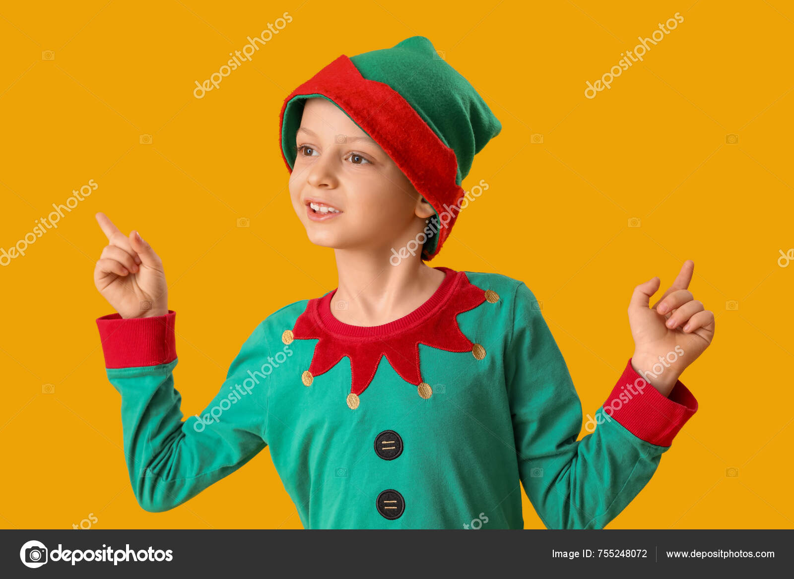 Cute Little Boy Elf's Costume Pointing Something Yellow Background ...