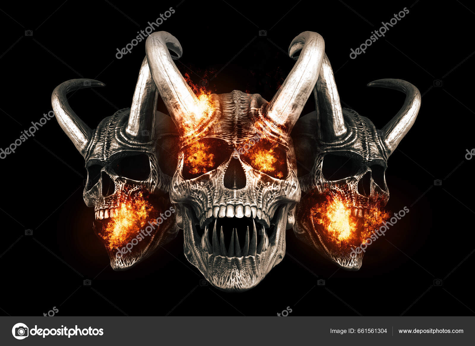 Three Heavy Metal Demon Skulls Flaming Eyes Flaming Screams Stock Photo ...