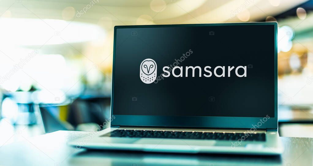 POZNAN, POL - DEC 28, 2022: Laptop computer displaying logo of Samsara ...
