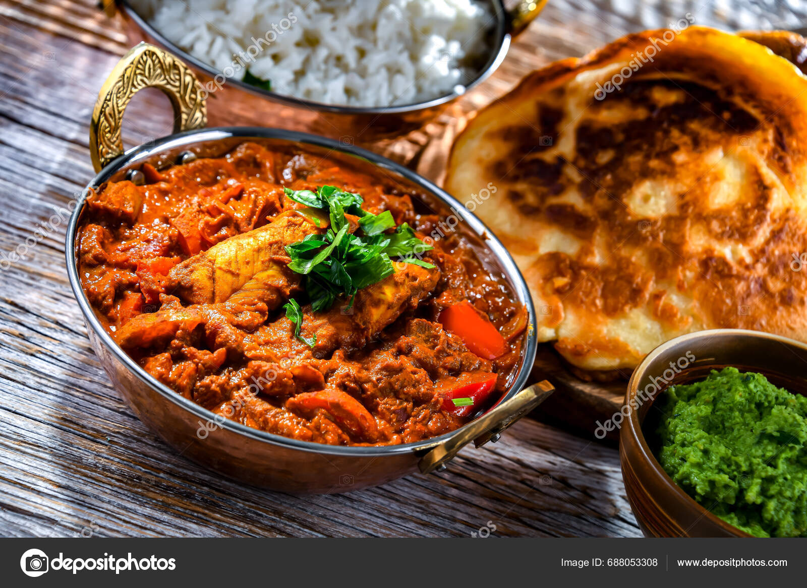 Butter Chicken Rice Naan Flatbread Served Original Indian Karahi Pots