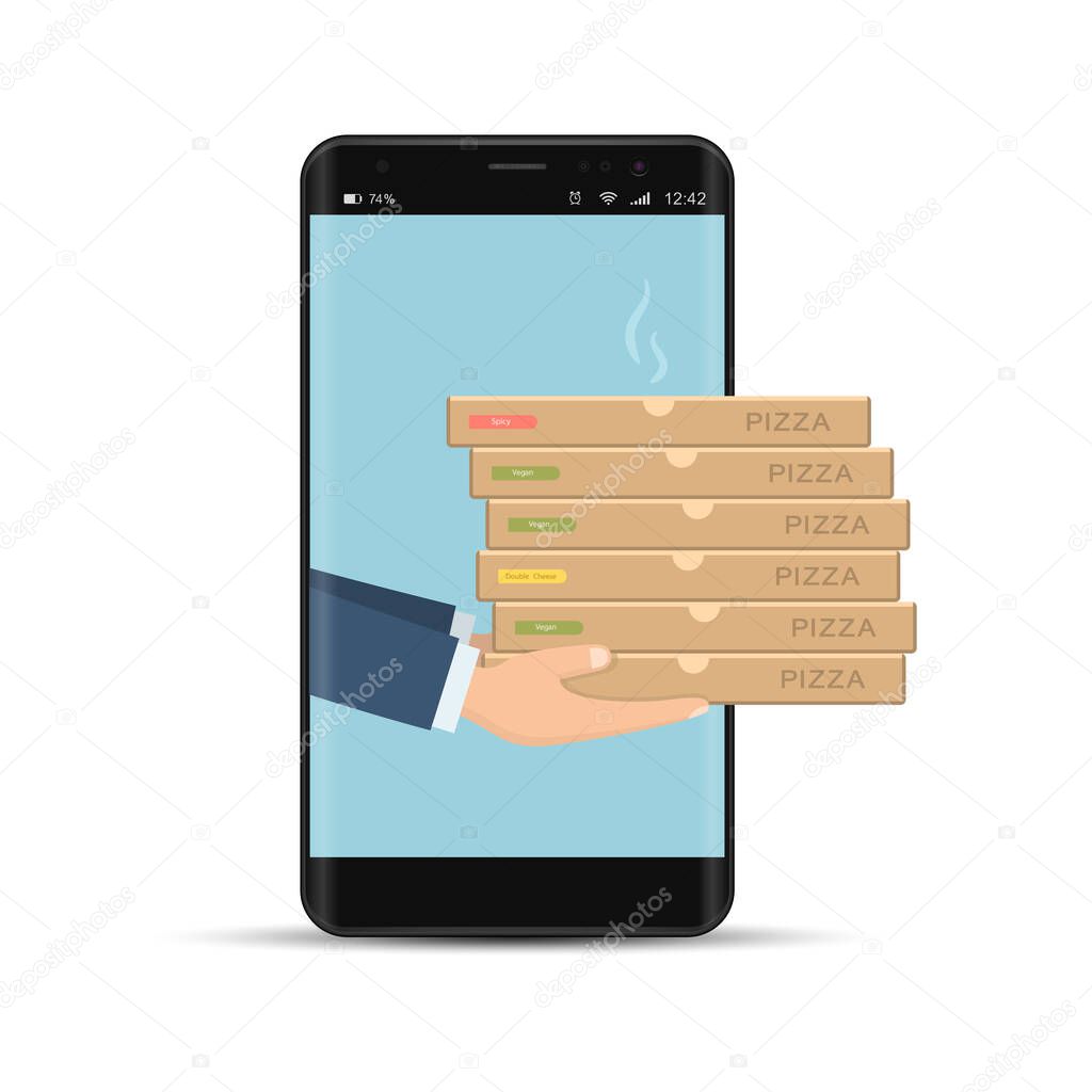 Pizza aplicación de pedido en línea. Ilustración aislada vectorial. 2025