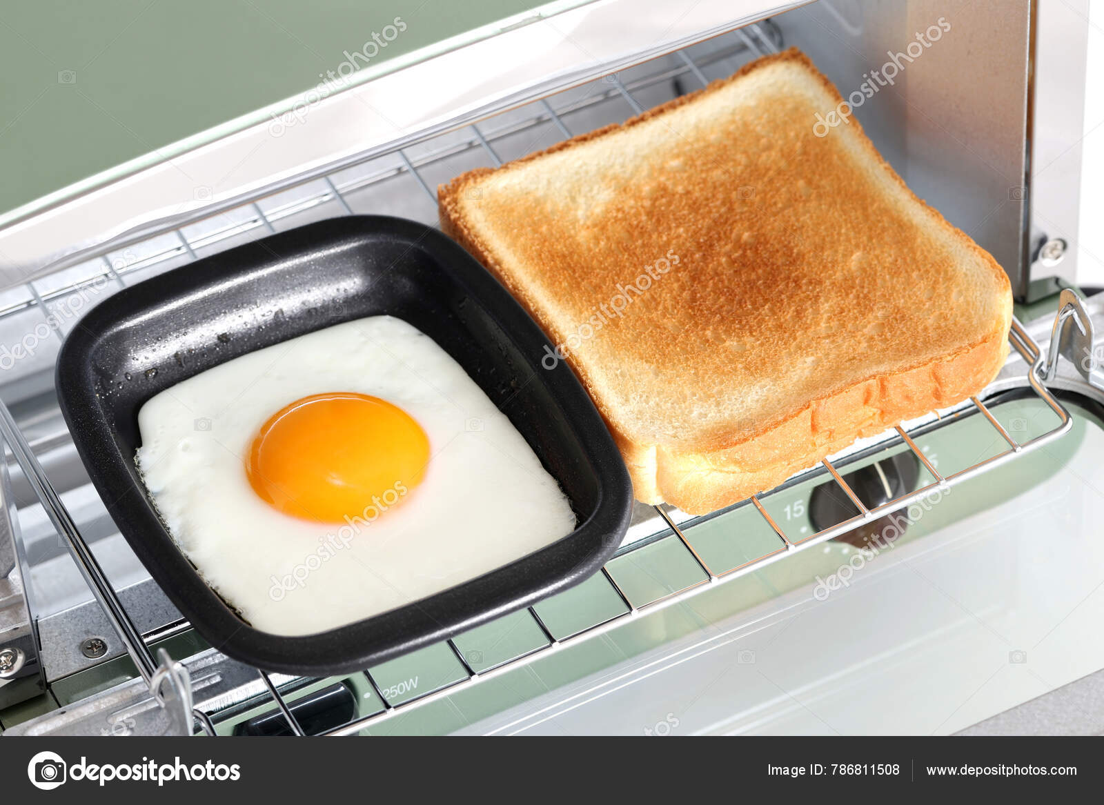 Close Fried Egg Baked Golden Toast Toaster Oven White Background ...