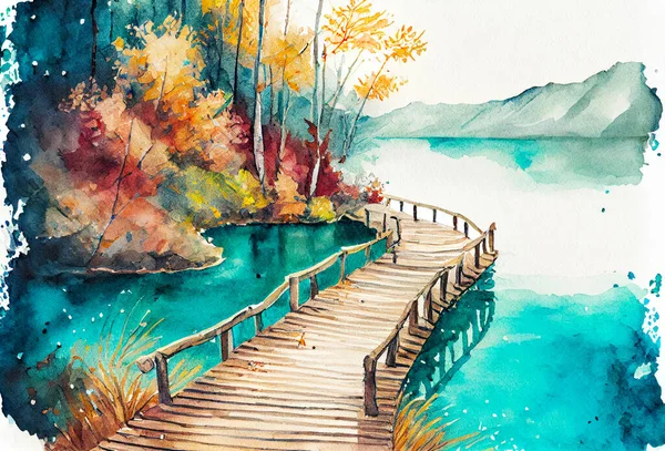 Watercolor drawing of Beautiful view of lake with Wooden boardwalk ...