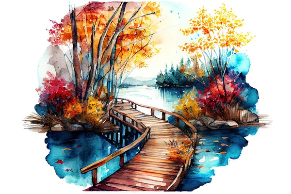 a watercolor drawing of Beautiful view of lake with Wooden boardwalk ...