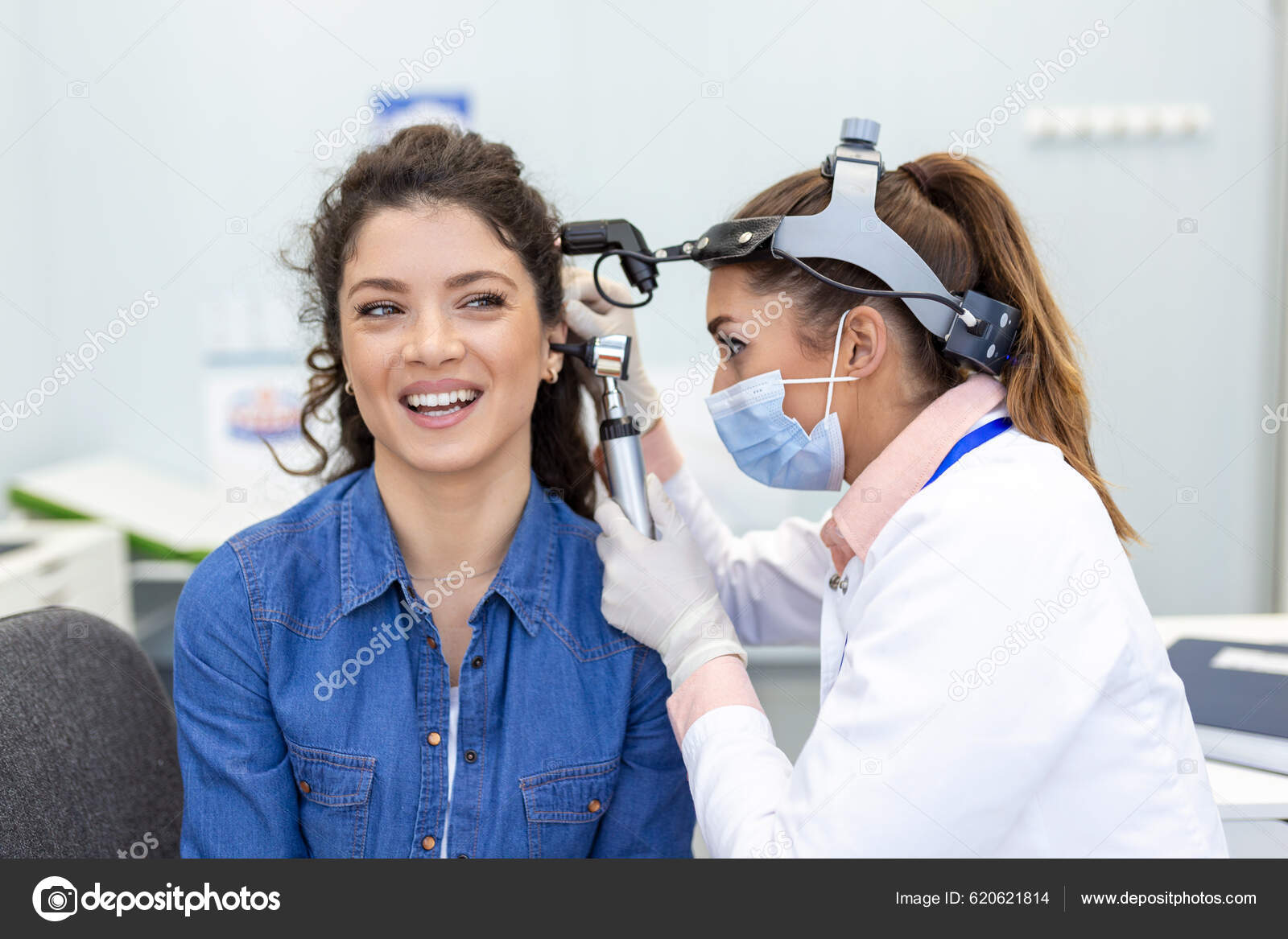 Hearing Exam Otolaryngologist Doctor Checking Woman's Ear Using ...