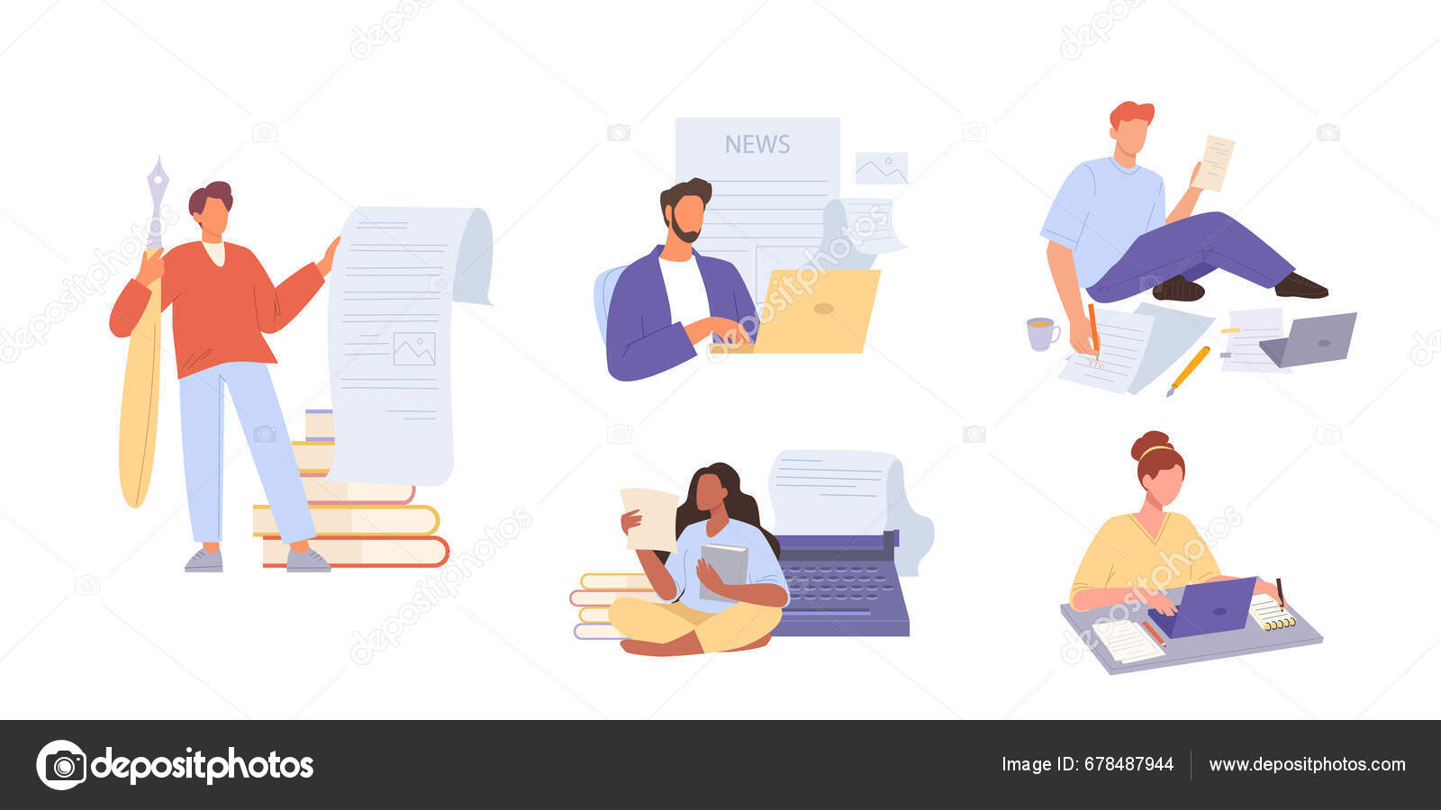 Journalists Copywriting Cartoon Characters Writing Laptop Book Lists ...