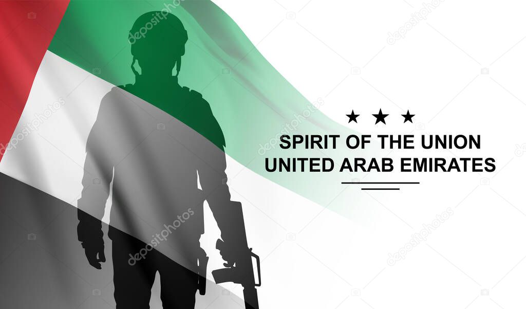 Silhouette of soldier with the flag of UAE on white background. Armed ...