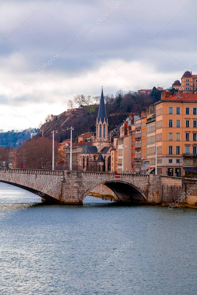 Lyon, France - January 30, 2022: St. George Church and buildings around ...