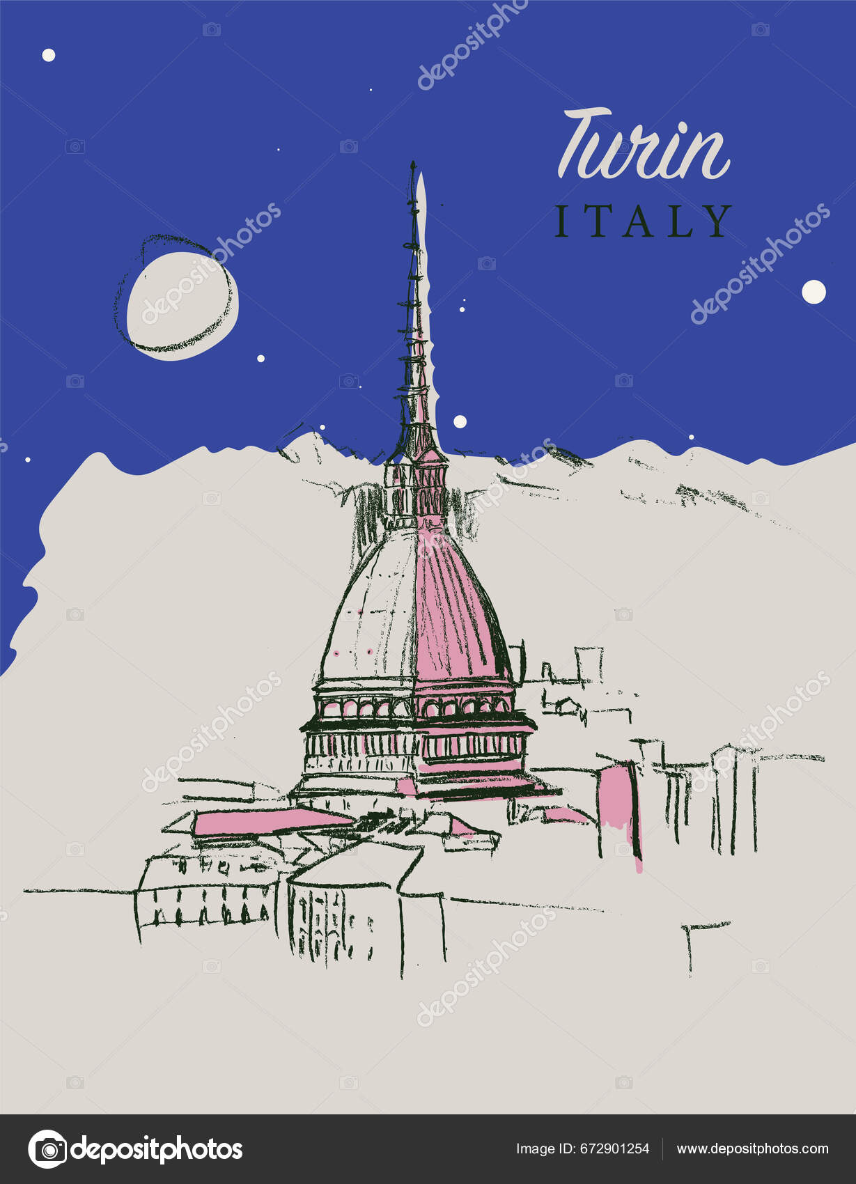 Vector Hand Drawn Sketch Illustration Turin City Piedmont Region Italy ...