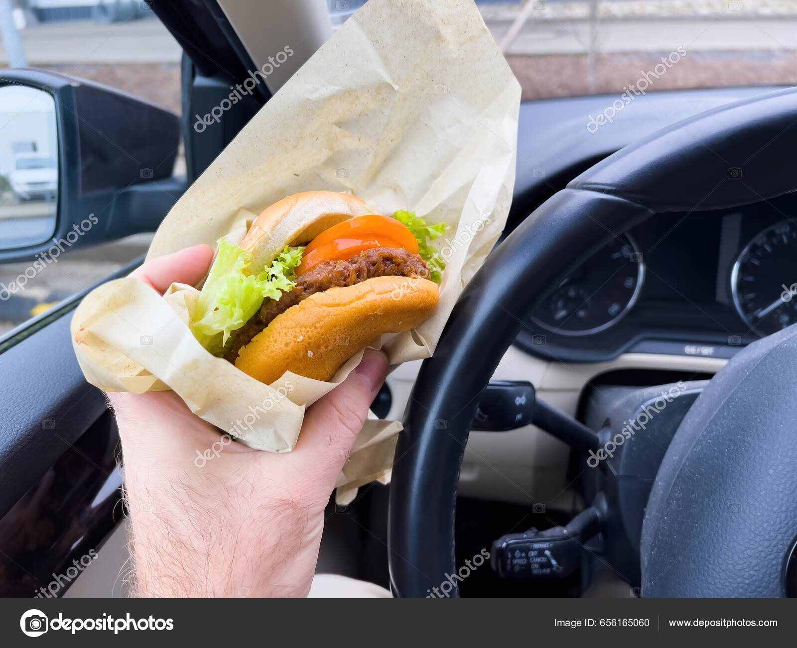 Person Holding Delicious Hamburger Tomato Slice Interior Car Fast Food ...