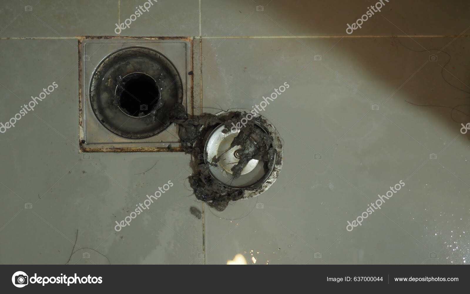 Drain Cleaning Clogged Dirty Sewer Pipes Floor Drain Full Hair — Stock ...