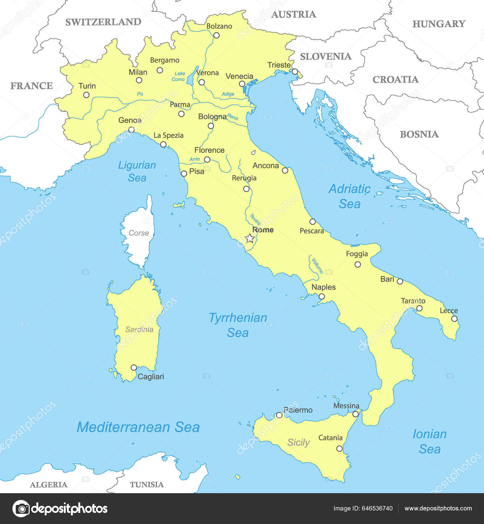 Political Map Italy National Borders Cities Rivers Stock Vector by ...