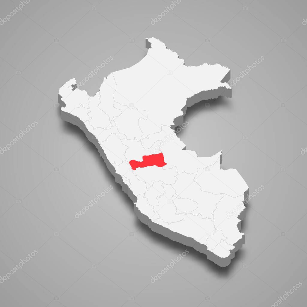 Departamento Pasco resaltado en rojo en un mapa gris Perú 3d 2024
