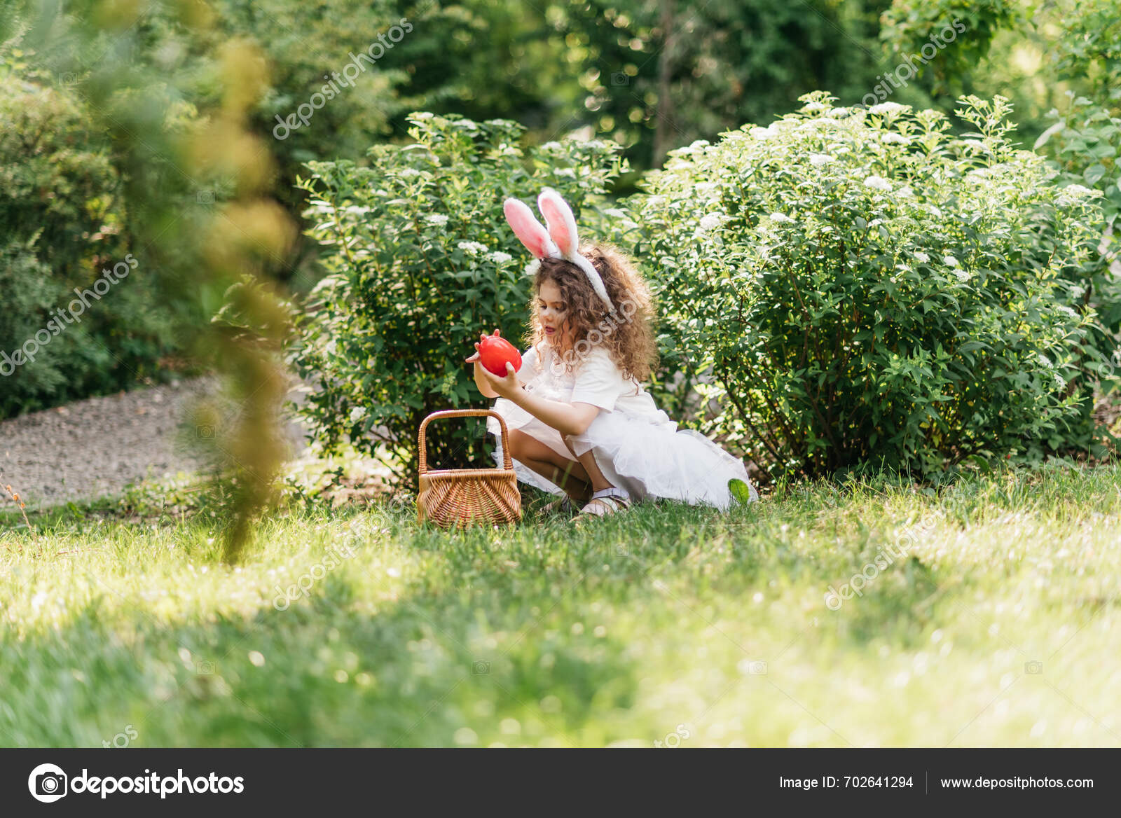 Easter Egg Hunt Girl Child Wearing Bunny Ears Running Pick — Stock ...