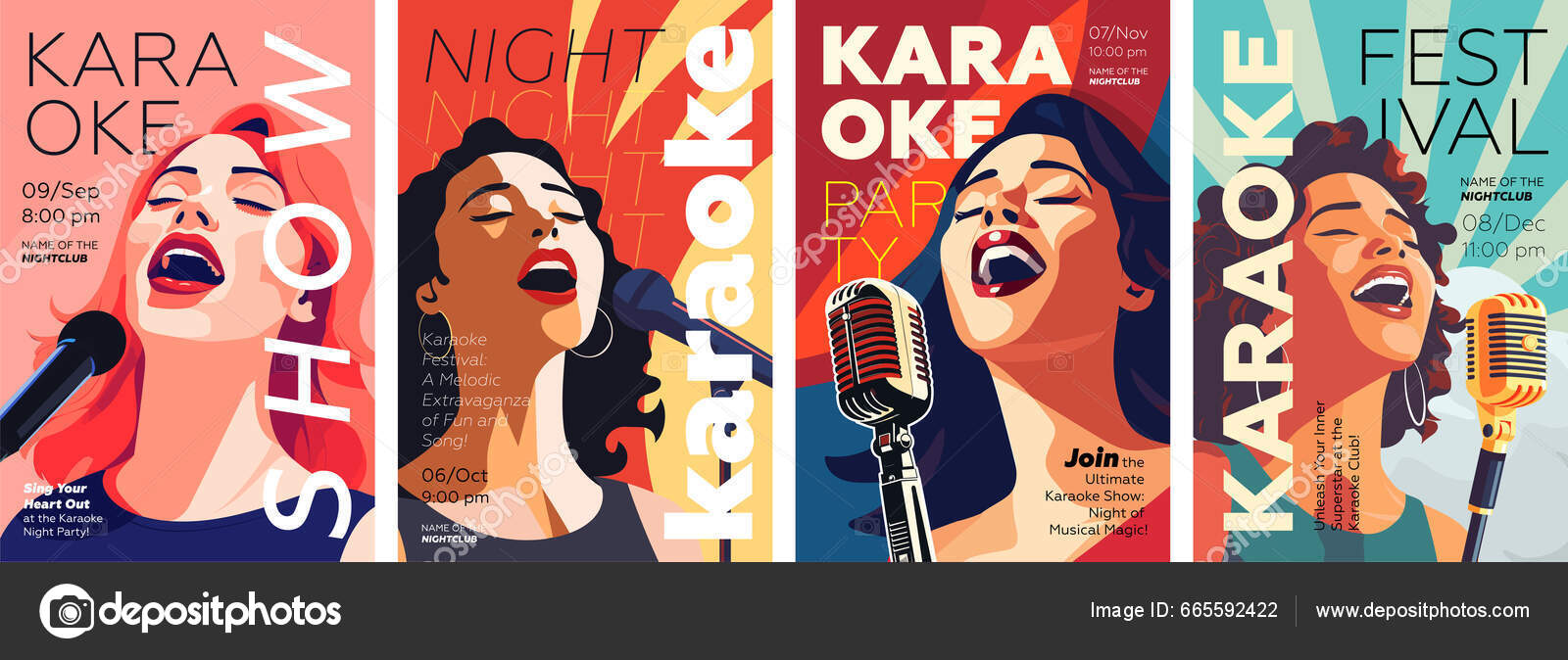 Karaoke Party Show Poster Set Music Night Club Festival Drawing Stock ...
