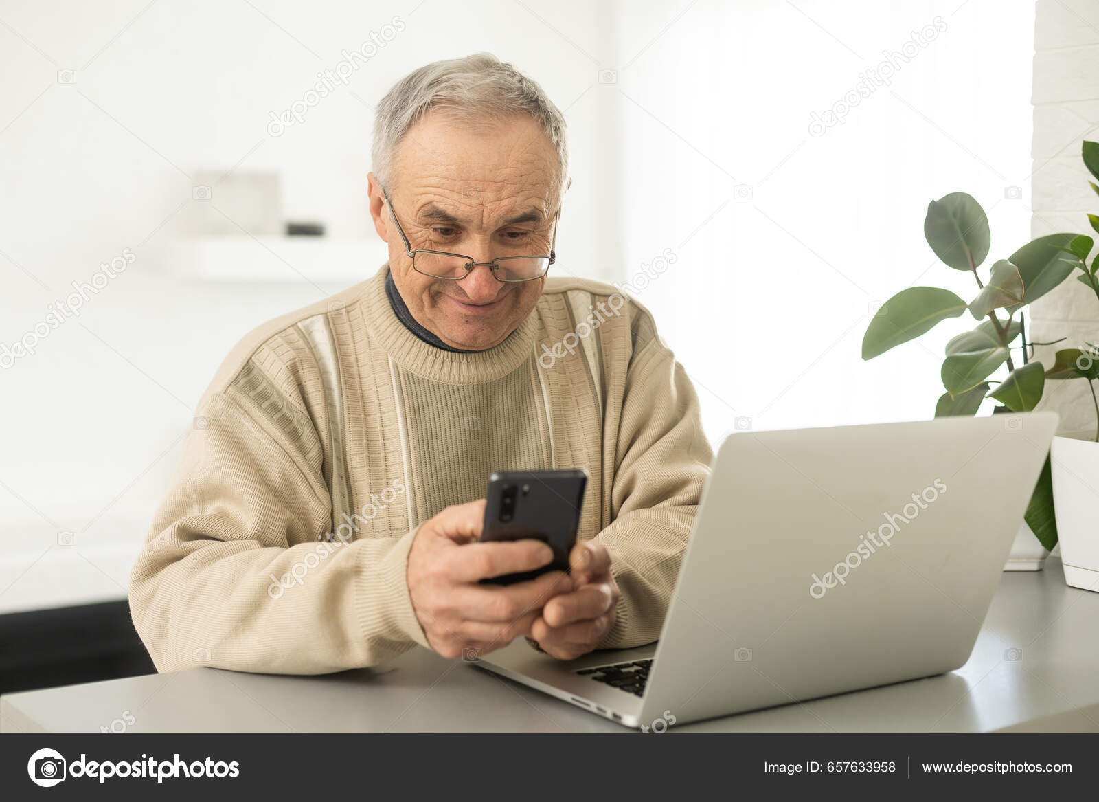 Pensive Senior Man Using Laptop Sitting Home Empty Space — Foto de stock © sinenkiy #657633958