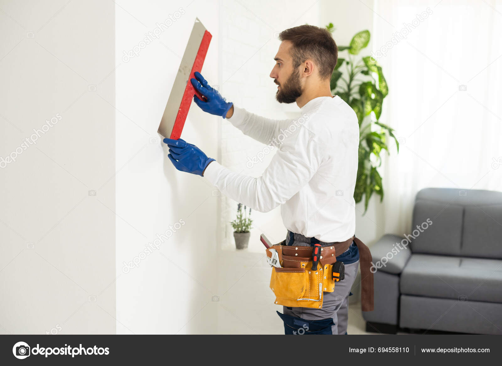 Construction Worker Using Sponge Plastering Trowel Smooth Walls Home ...