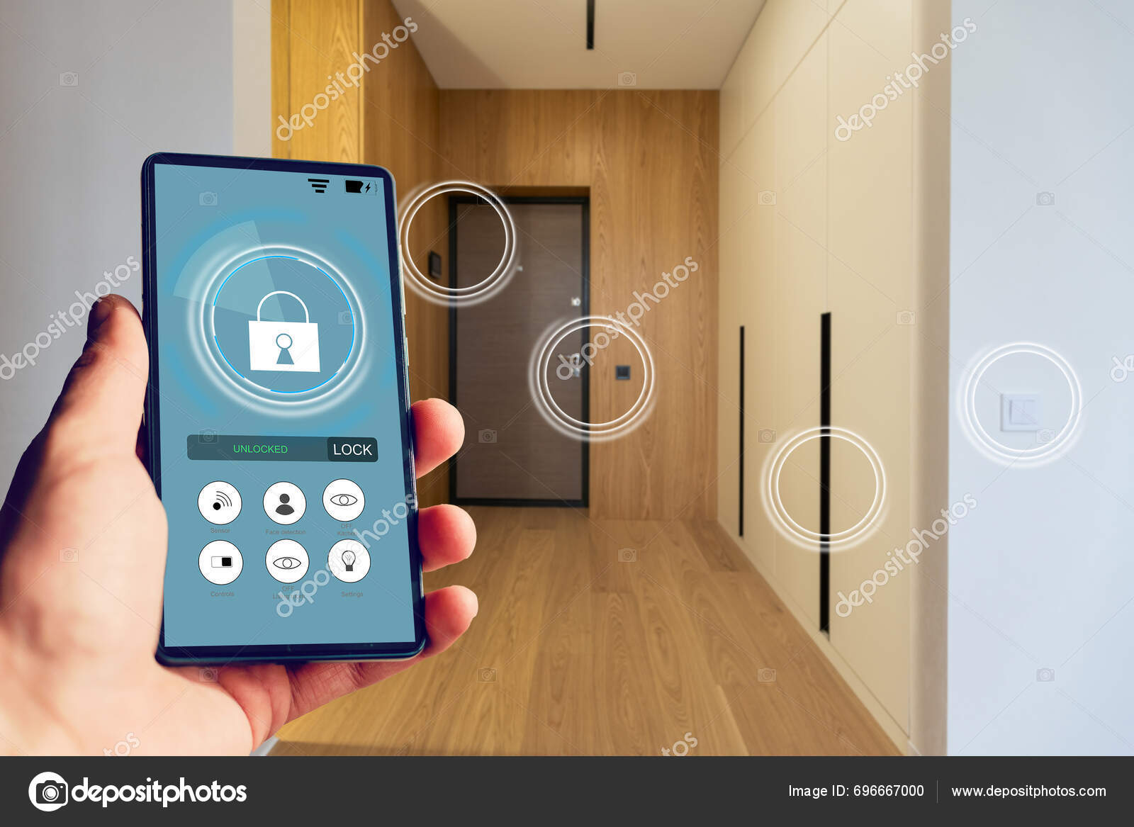 Man Hand Holding Phone App Smart Home Room House — Stock Photo ...