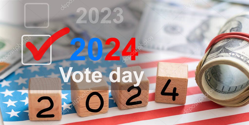 Bandera de EE.UU. y 2024 para el concepto de votación 3d renderizado. 2024