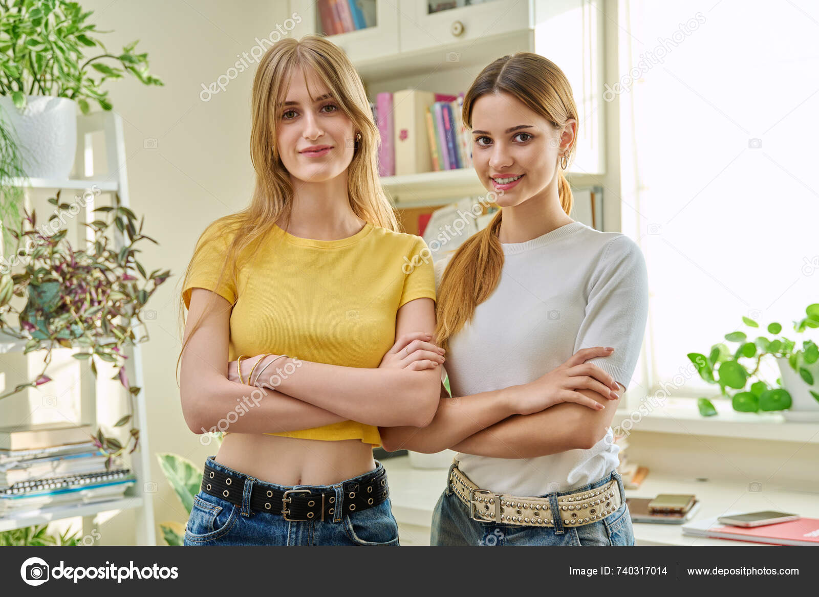 Portrait Two Girls Positive Beautiful Pretty College Students Friends ...