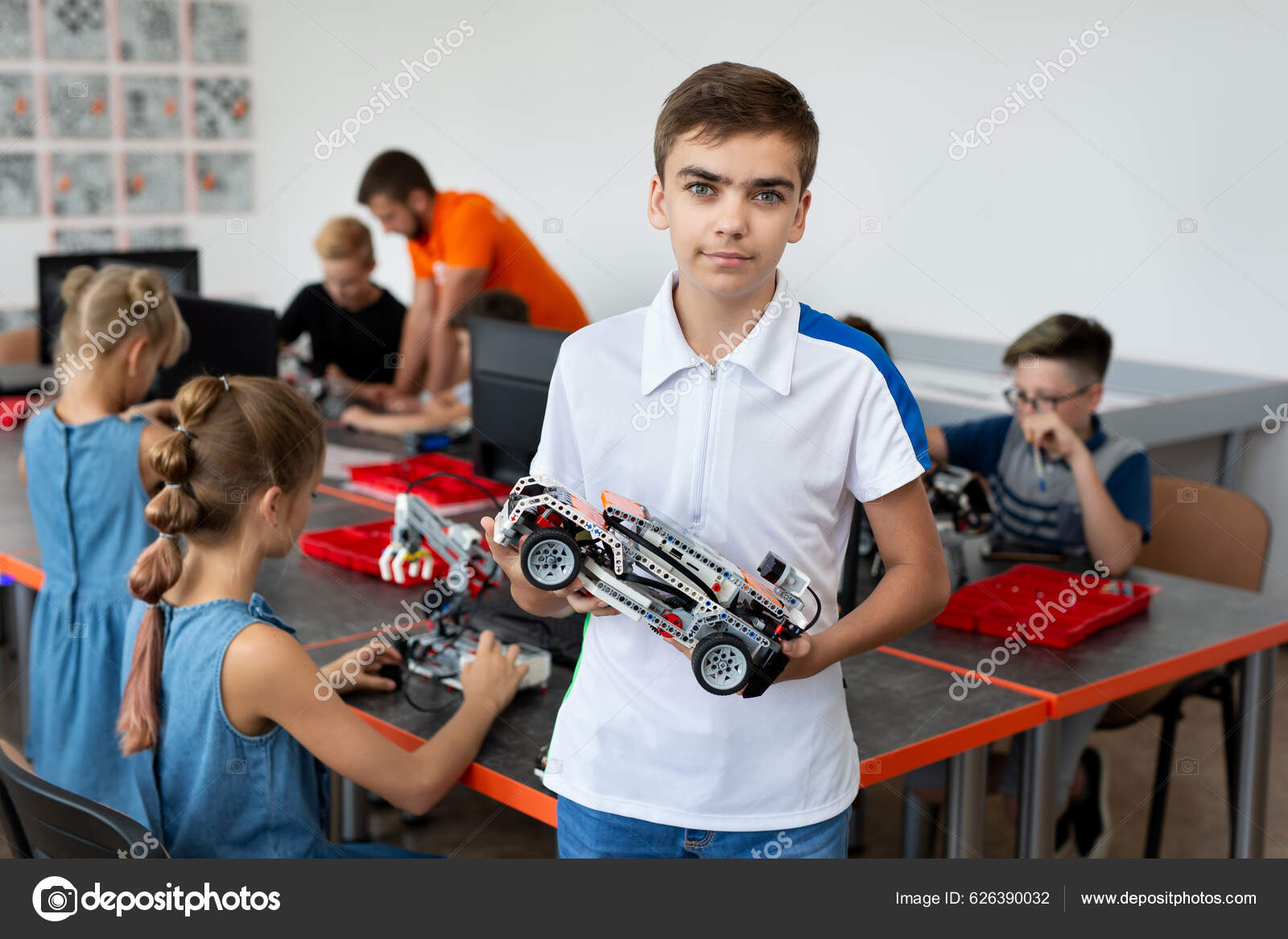 Portrait Male Student Building Robot Vehicle School Computer Coding ...