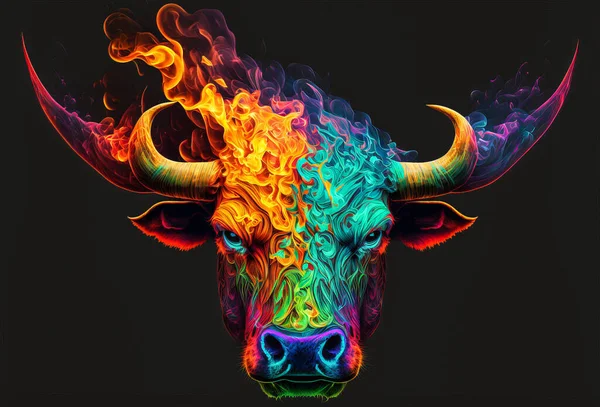 bull head with horns on blue background. - Stock Image - Everypixel