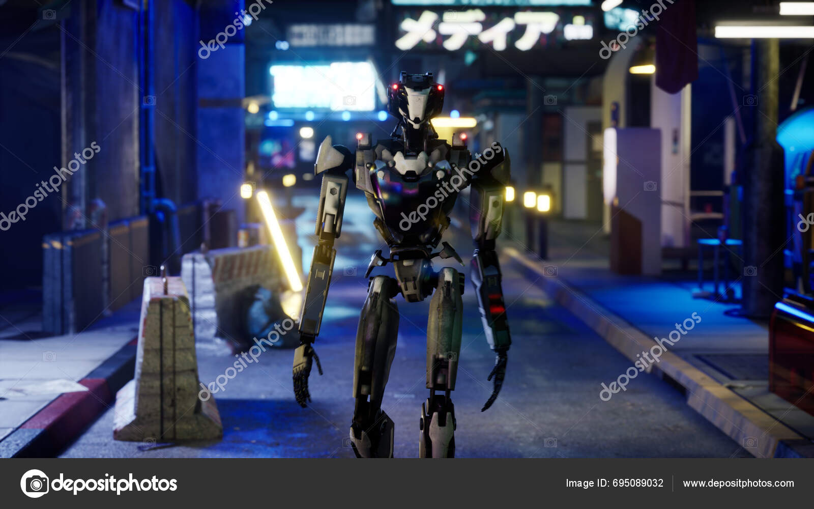 Robot Walking Street Big City Humanoid Robot Crossing Street Render ...