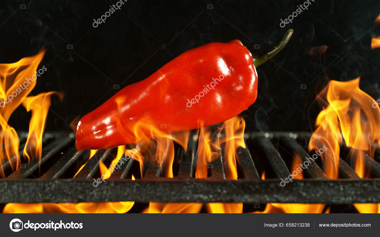 Barbecue Grill Falling Red Pepper Barbecue Fire Grid Black Background ...