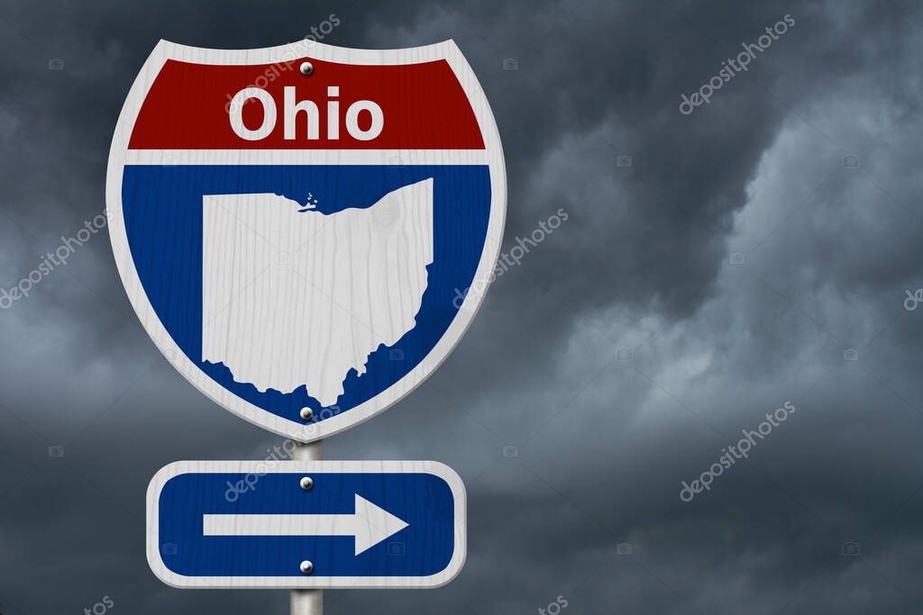 Road trip to Ohio, Red, white and blue interstate highway road sign ...