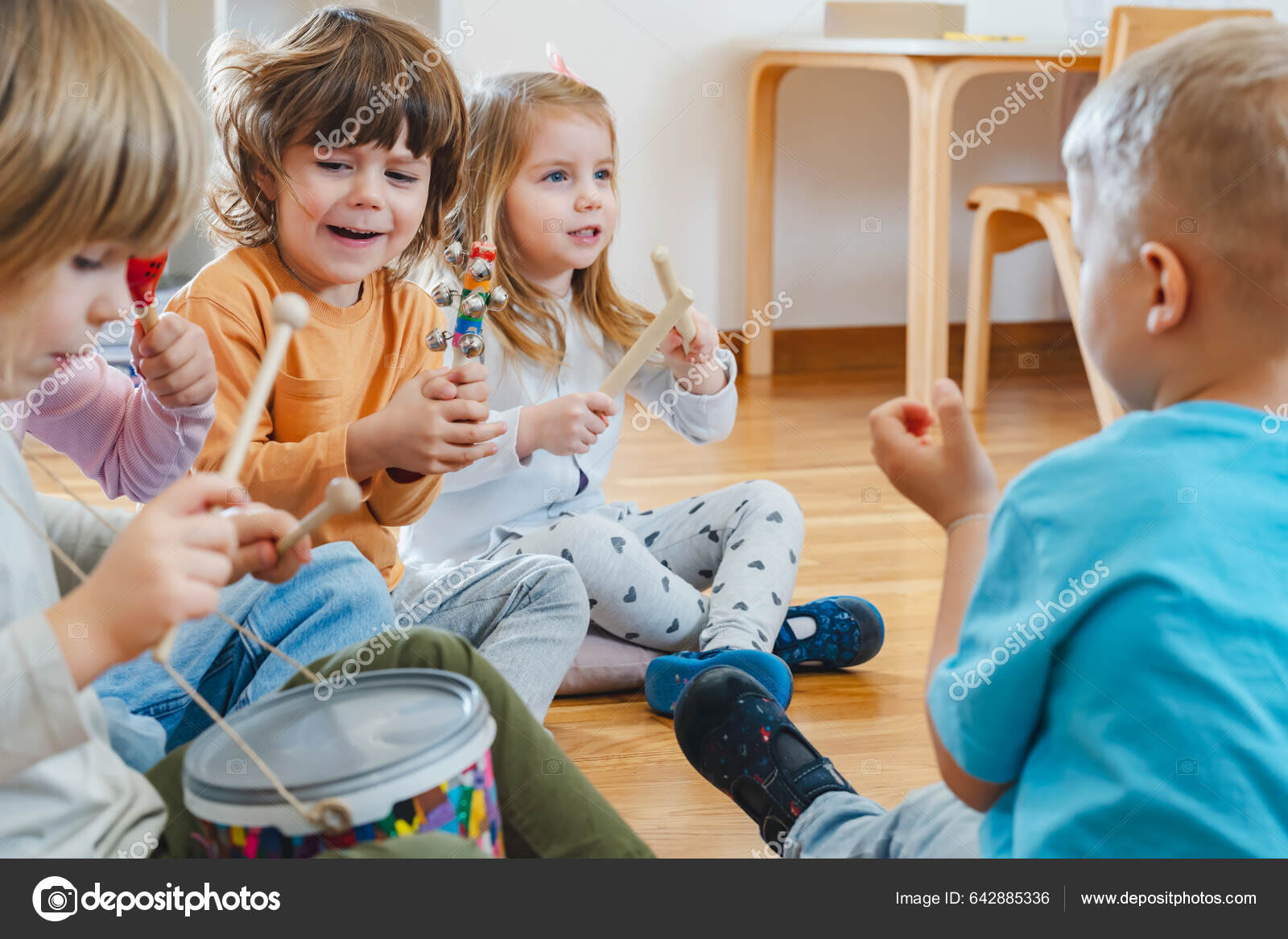 Children Learning Play Musical Instruments Kindergarten — Stock Photo ...