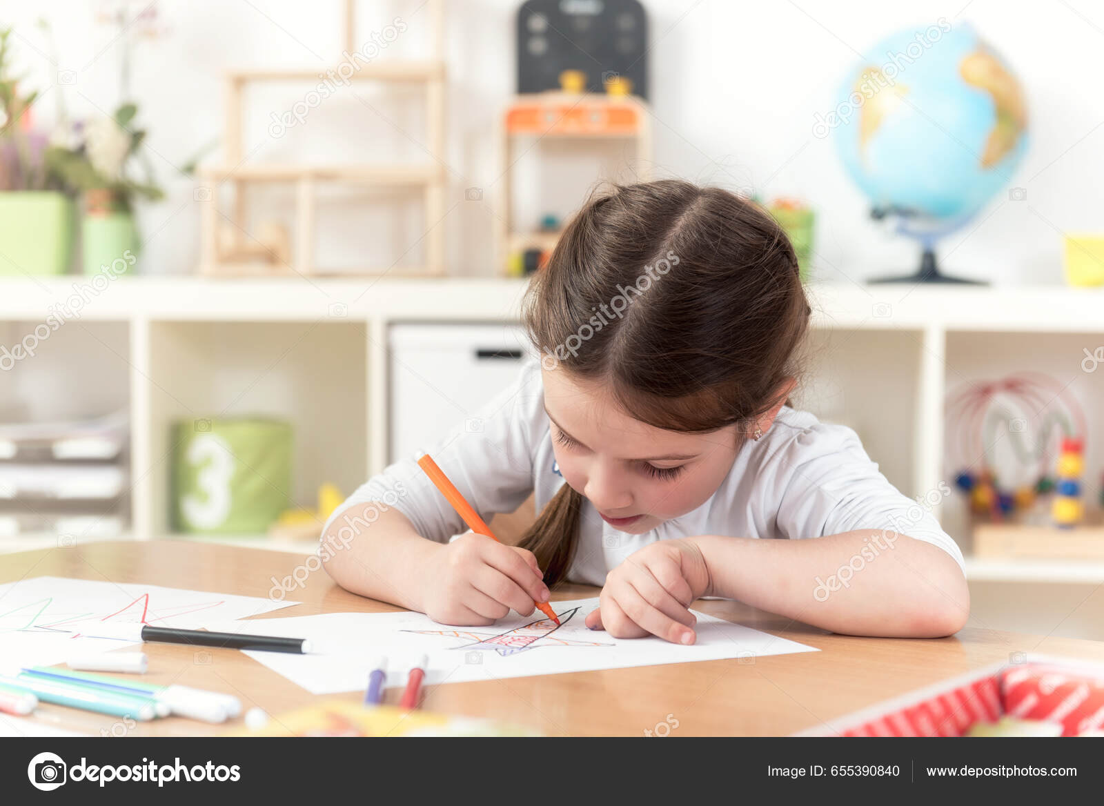 Cute Little Girl Drawing Kindergarten Classroom — Stock Photo © lordn7 ...