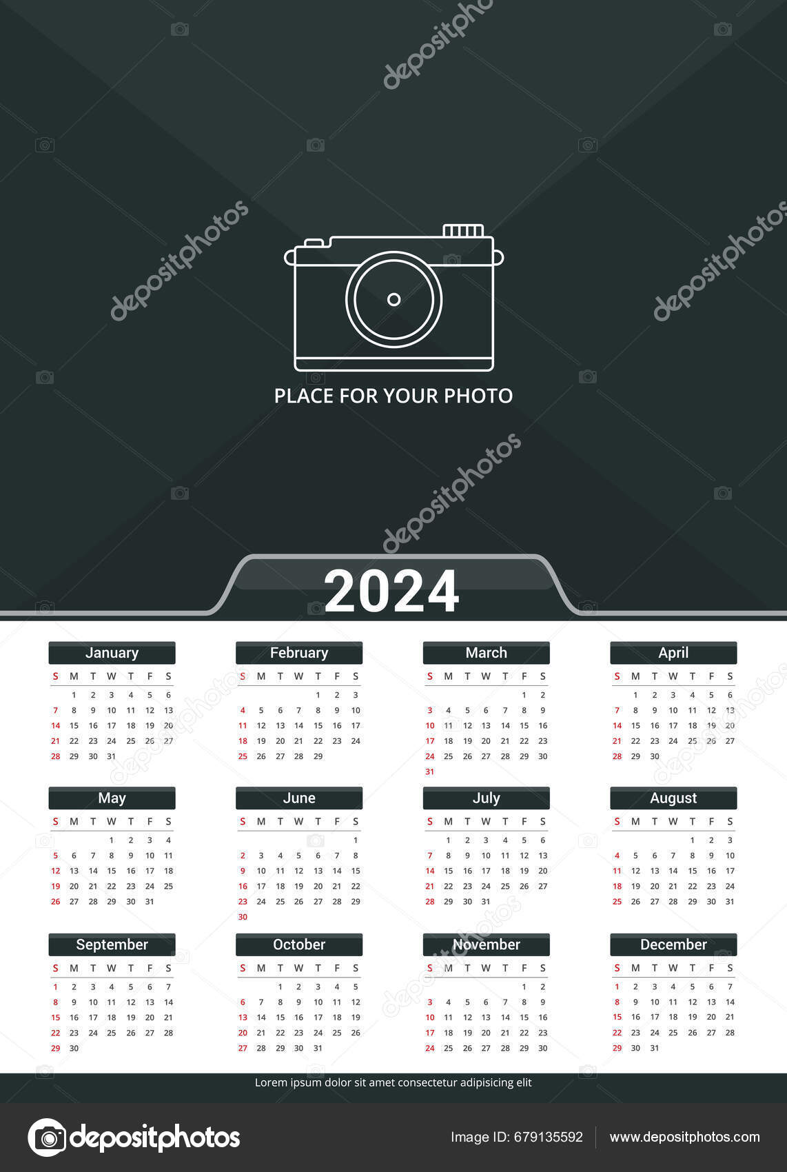 2024 Kalender Skabelon Uge Starter Søndag Størrelse Sted Dit Foto Stock ...